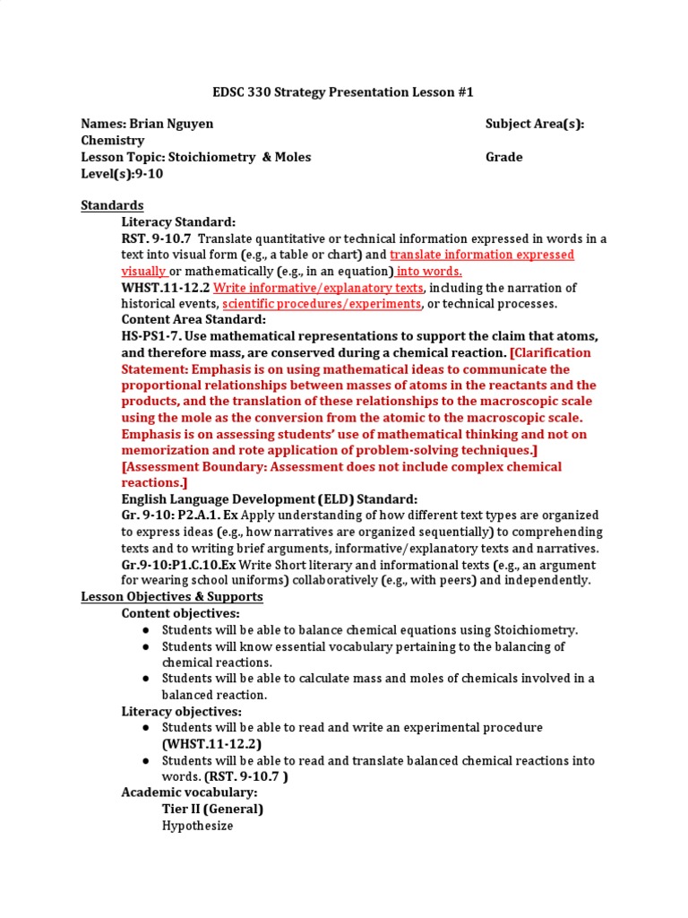 Final Lesson Plan 1 | PDF | Stoichiometry | Mole (Unit)