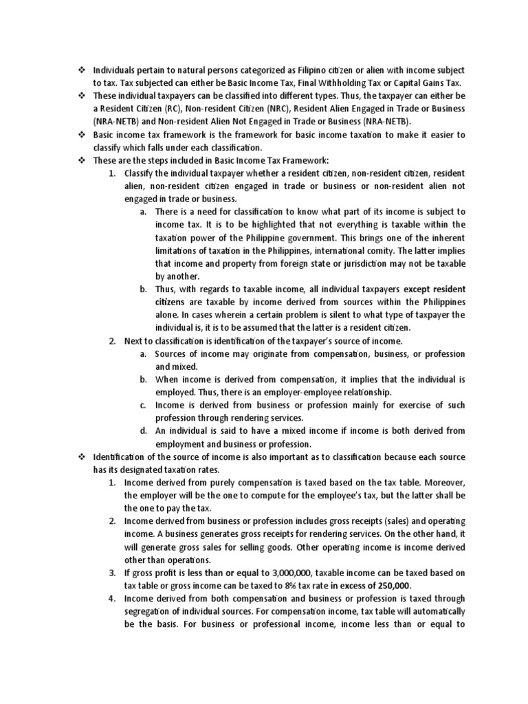 Classification of Individual Taxpayers Summary | PDF | Taxpayer | Taxes
