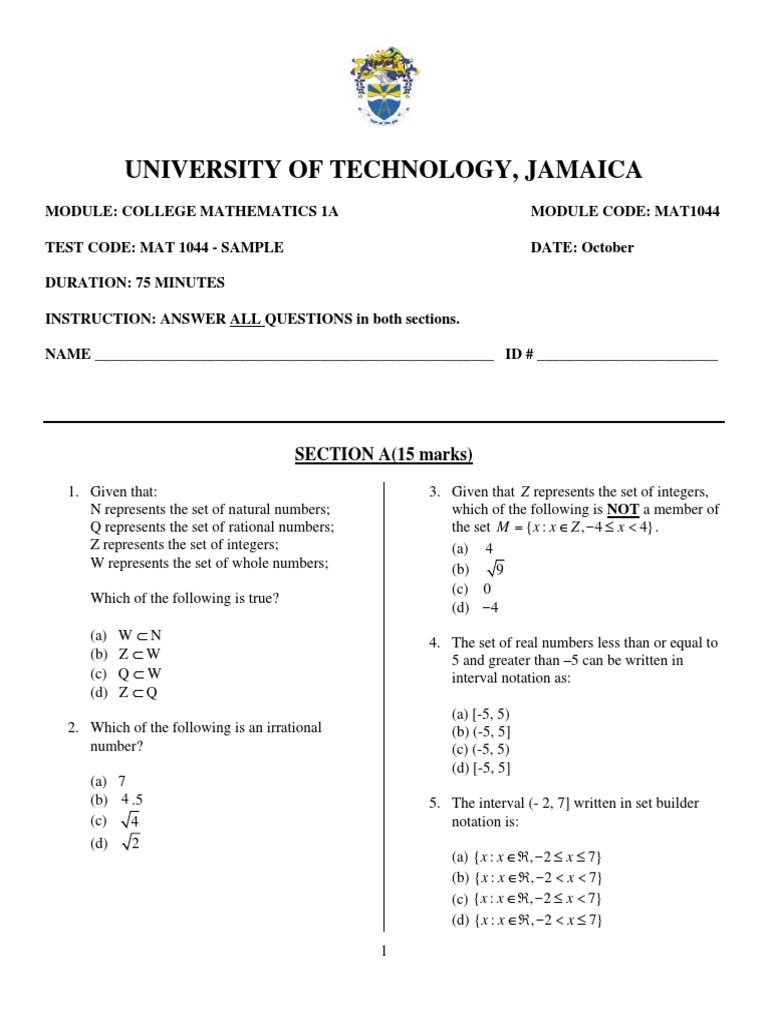 College Mathematics 1A MAT 1044 Test 1 SAMPLE TEST | PDF ...