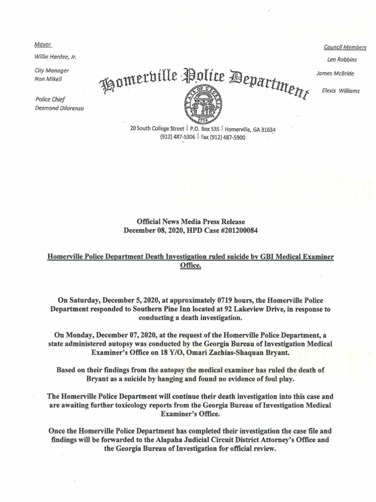 Homerville Police Department Death Investigation Statement | PDF