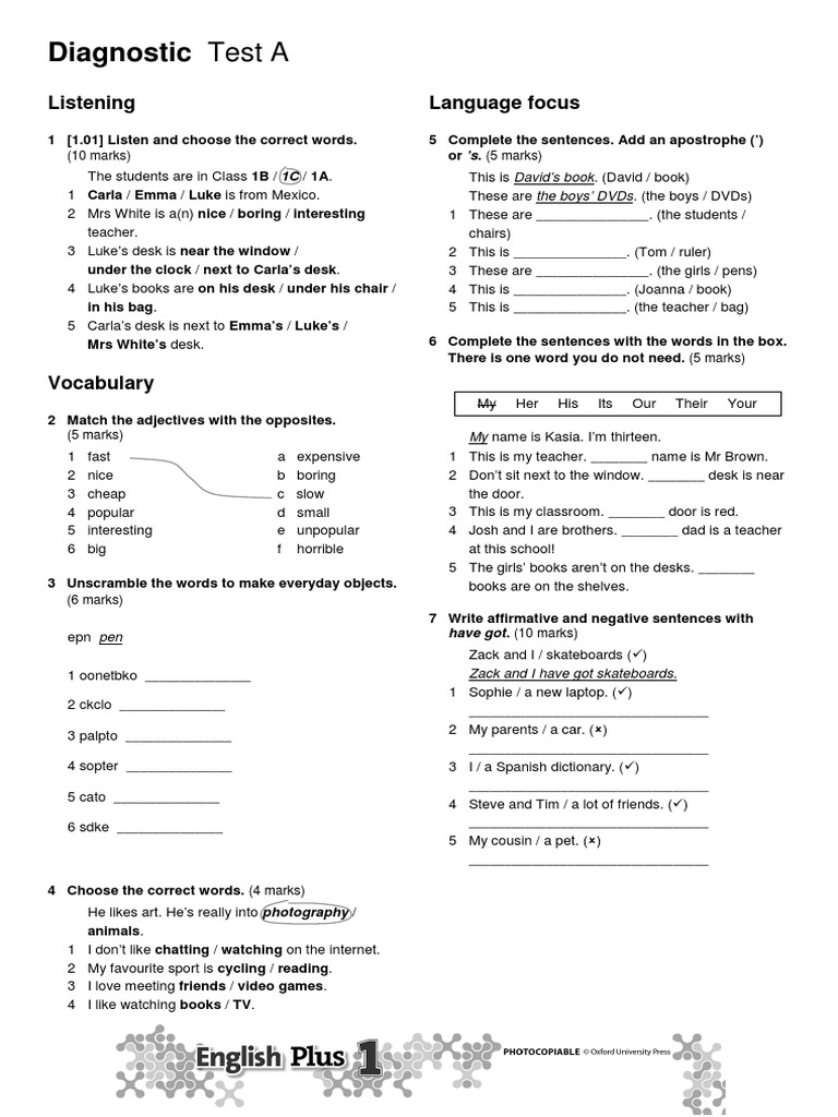 Diagnostic Test A: Listening Language Focus | PDF | Classroom | Linguistics