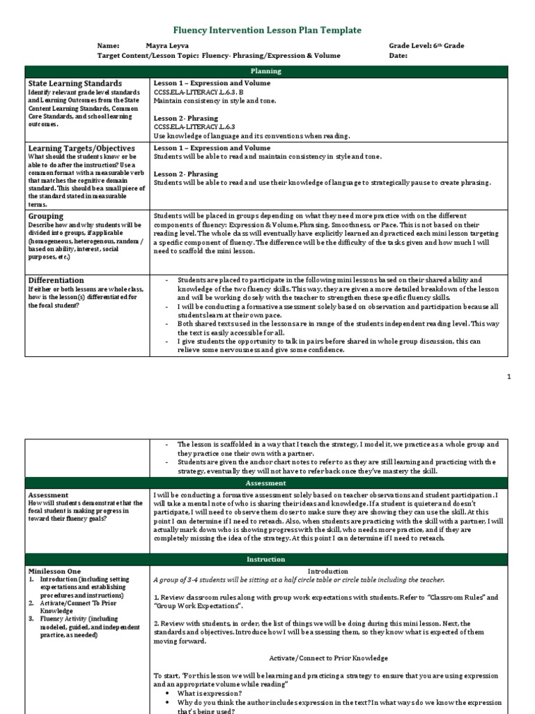 Fluency Intervention Lesson Plan Template: State Learning Standards ...