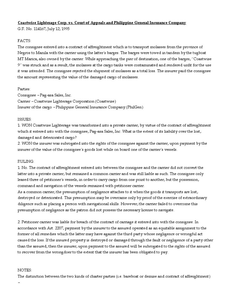 Coastwise Lighterage Liability Case Summary | PDF | Common Carrier ...