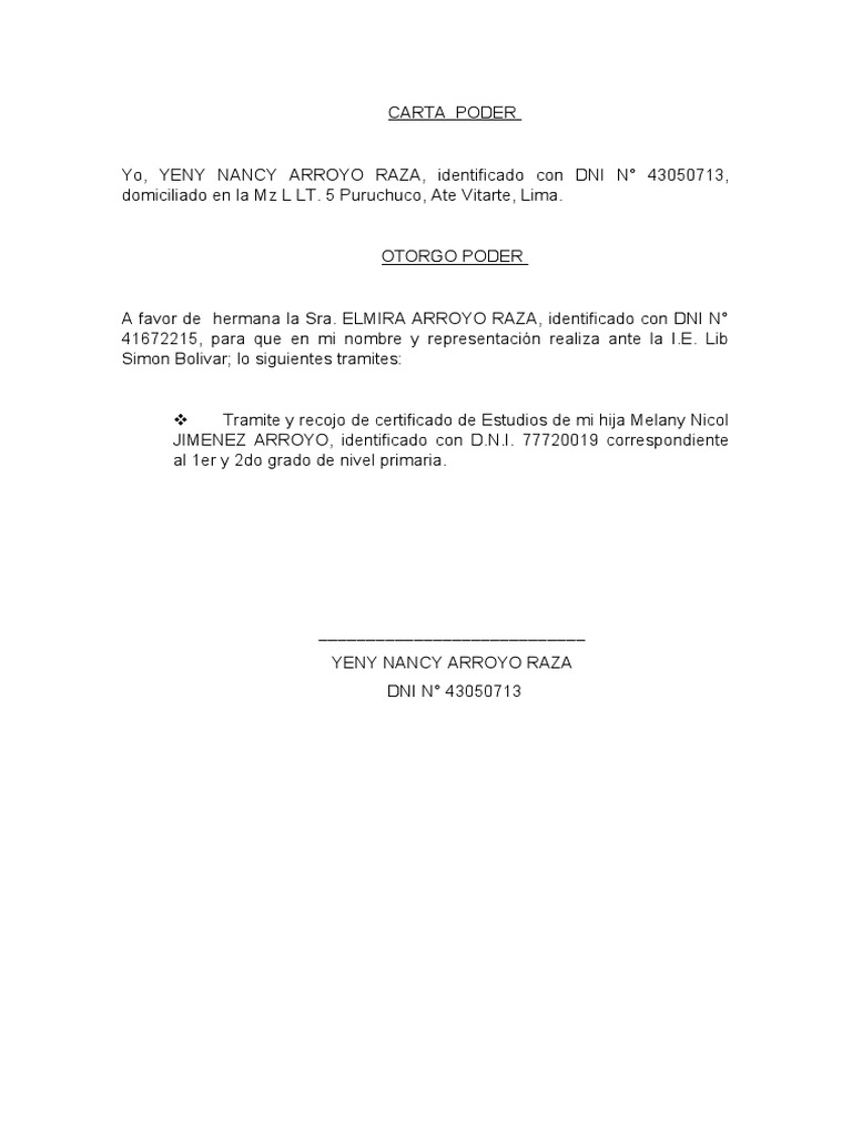 CARTA PODER de Tramite y Recojo de Certificado de Estudios | PDF | Derecho
