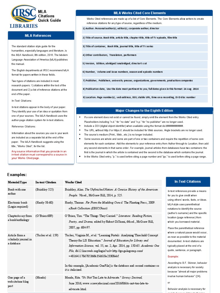 MLA Quick Guide | PDF | Citation | Written Communication