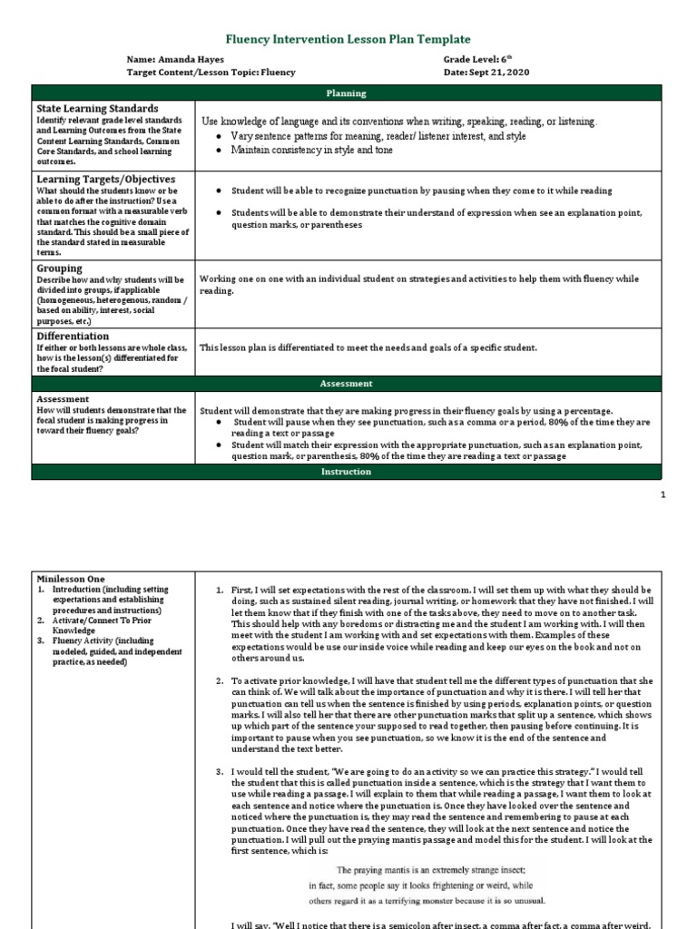 Fluency Intervention Lesson Plan Template: State Learning Standards ...