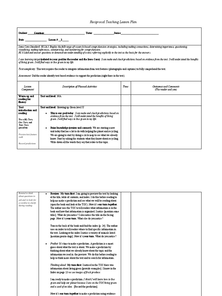 Reciprocal Teaching: Living Green Lesson | PDF | Reading Comprehension ...