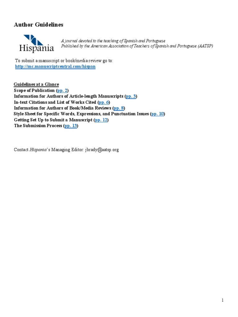 Hispania Author Submission Guidelines | PDF | Citation | Academic Journal