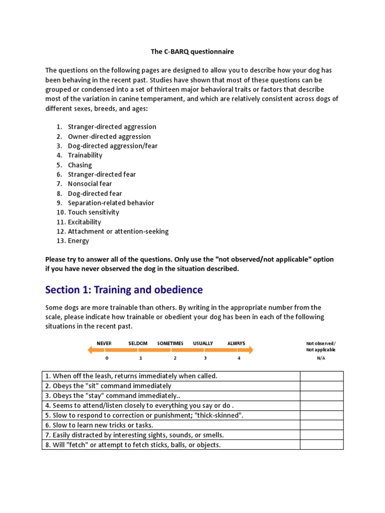 Section 1: Training and Obedience: The C-BARQ Questionnaire | PDF | Dog ...