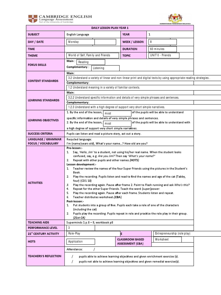 RPH Bi Year 1 (L16-20) | PDF | Lesson Plan | Worksheet
