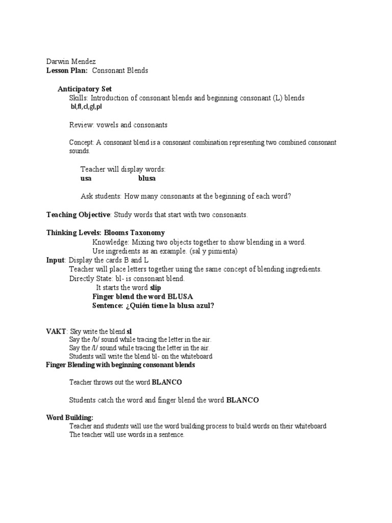 Consonant Blends Lesson Plan | PDF | Language Arts & Discipline