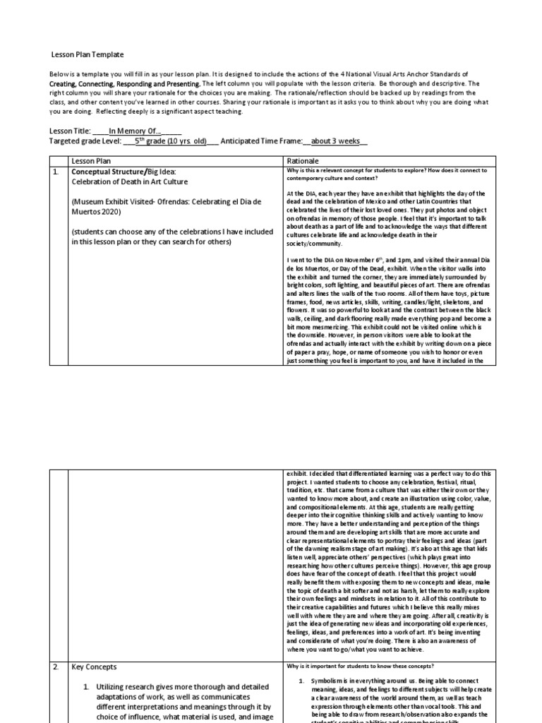 5th Grade Art Lesson Plan Template | PDF | Idea | Lesson Plan