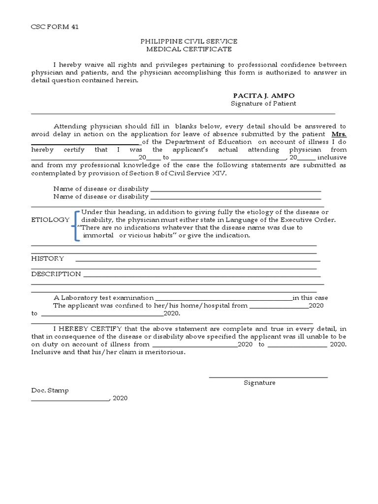 CSC FORM 41 Med. | PDF | Physician | Disability
