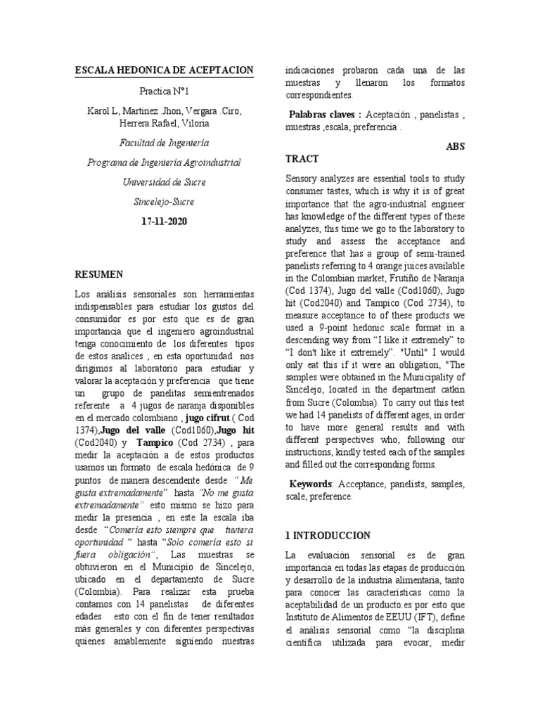 INFORME ESCALA HEDONICA DE ACEPTACION p1 | PDF | Análisis de variación ...
