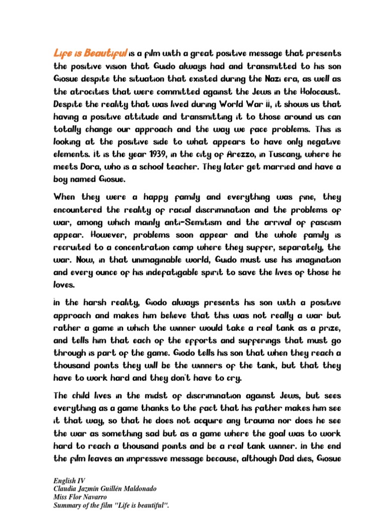 Life Is Beautiful: English IV Claudia Jazmín Guillén Maldonado Miss ...