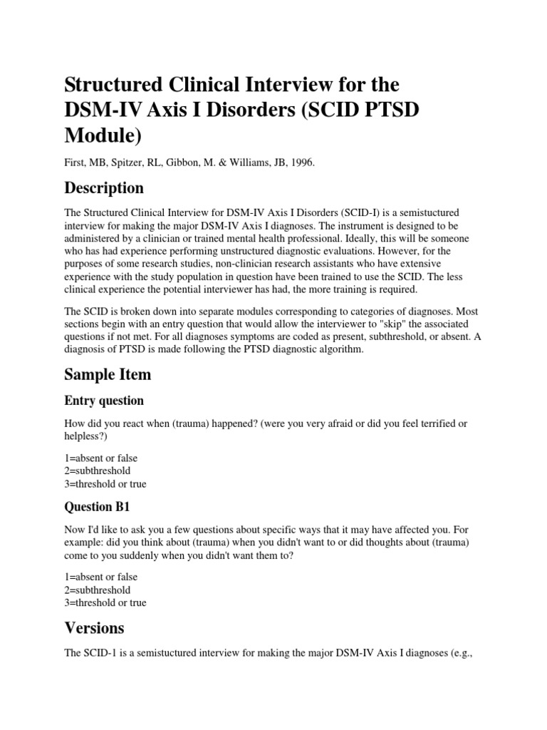Structured Clinical Interview For The DSM-IV Axis I Disorders (SCID PTSD Module) | PDF ...