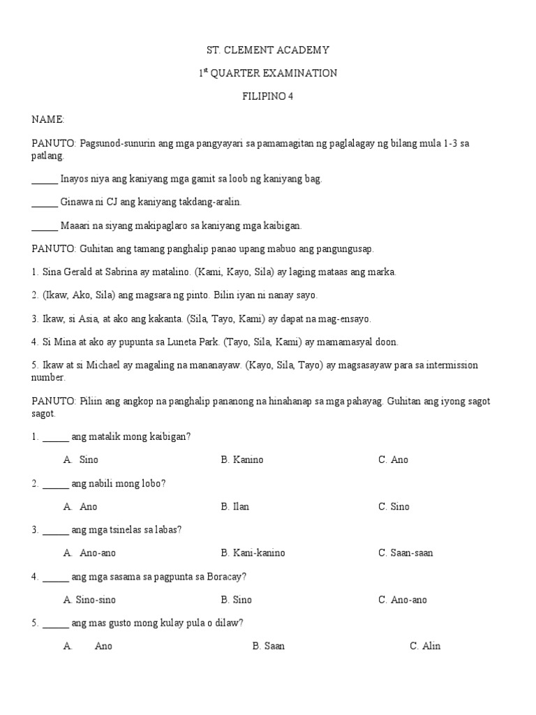 1ST Quarter Exam Filipino 4 | PDF