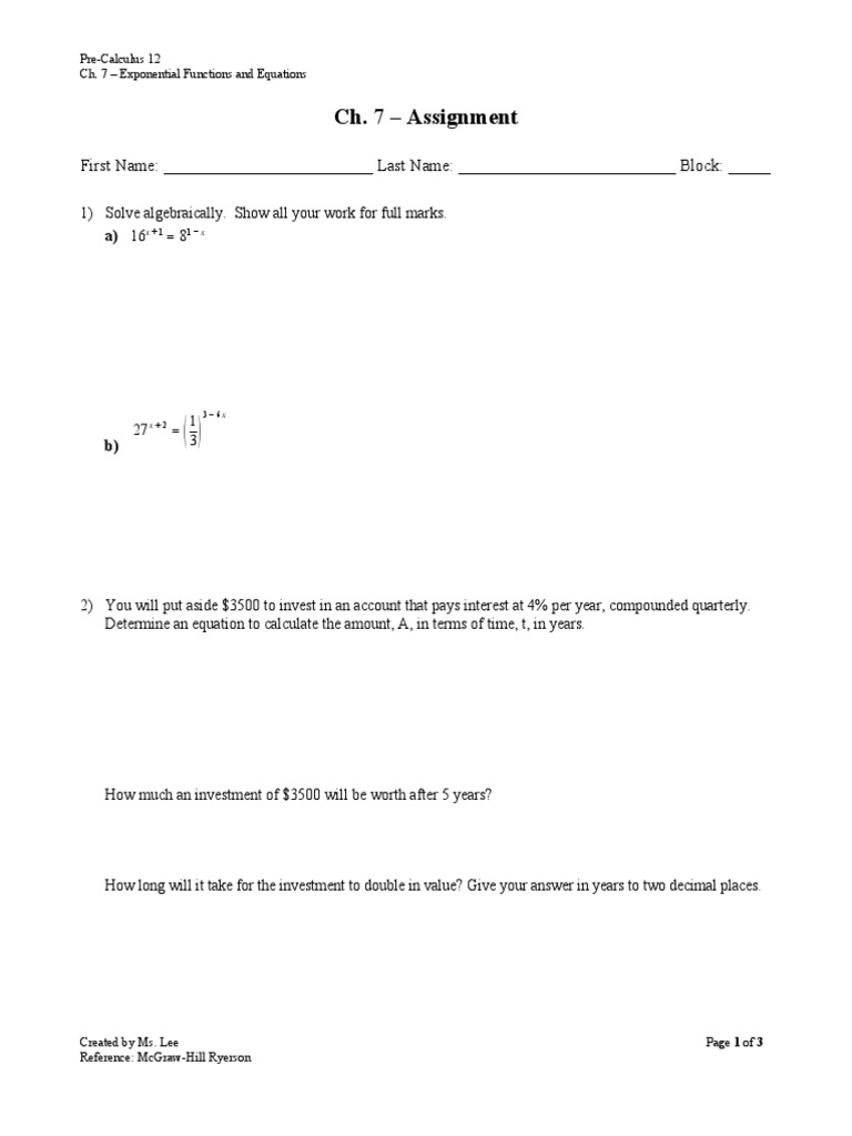 Exploring Exponential Functions and Equations Through Solving Problems ...