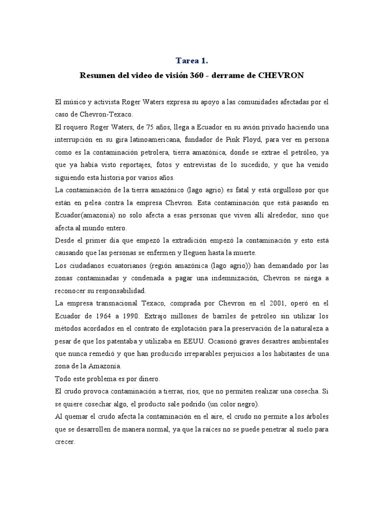 Resumen Chevron Vs Ecuador | PDF | Ecuador | Contaminación