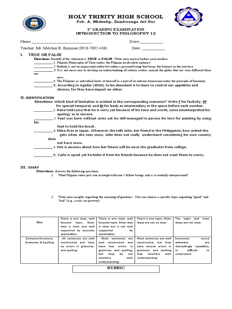 Philosophy Grading Exam Overview | PDF | Psychological Concepts | Cognition