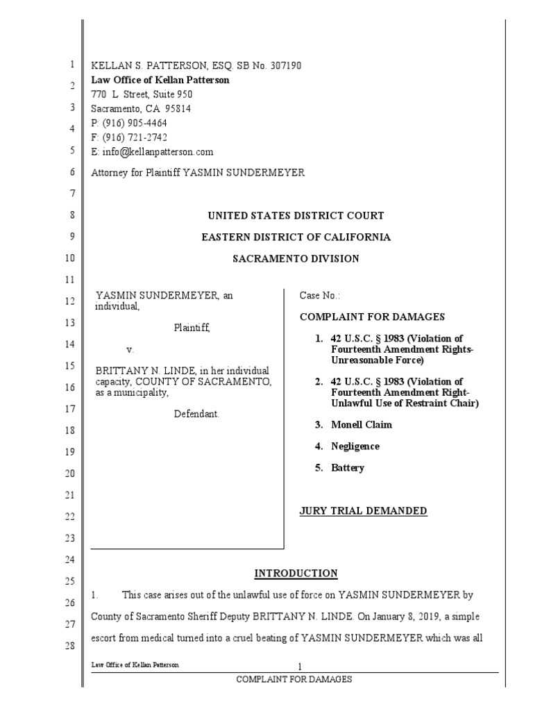 Yasmin Sundermeyer vs. Sacramento Sheriff | PDF | Damages | Negligence