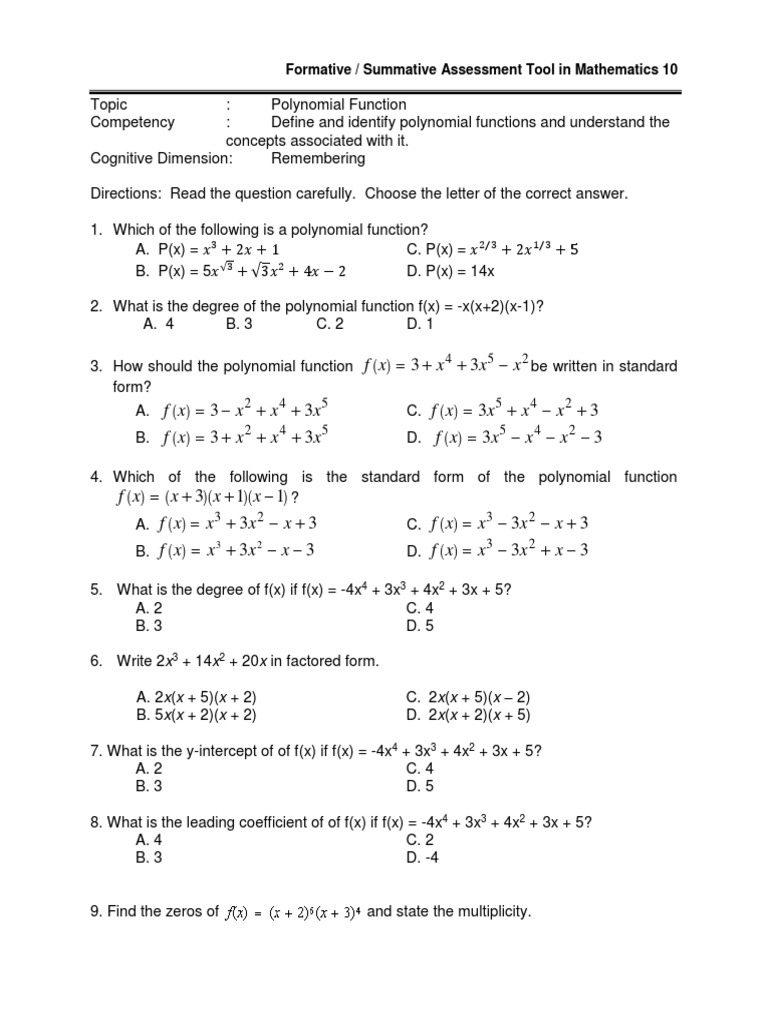 Grade 10 Formative Test Polynomial Function PDF | PDF | Cartesian ...
