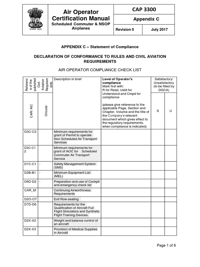CAP 3300 - Appendix C STAT of Compliance | PDF | Aviation | Aircraft
