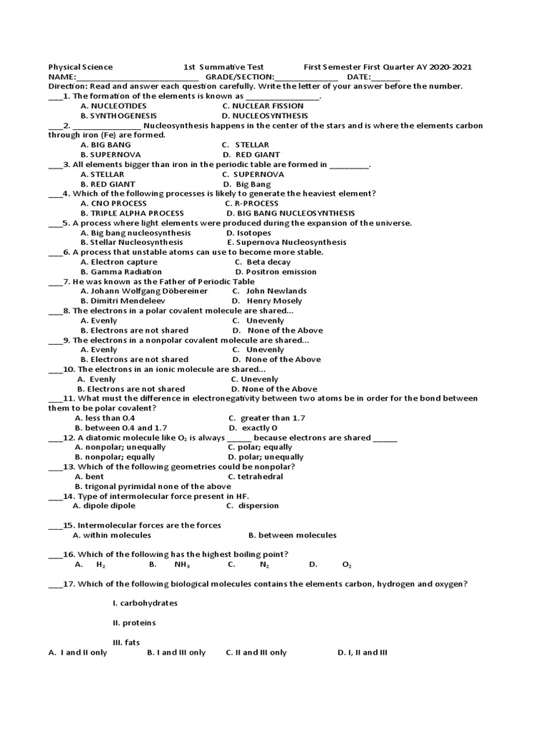 1st Summative Exam PHYSICAL SCIENCE | PDF | Chemical Polarity | Atoms