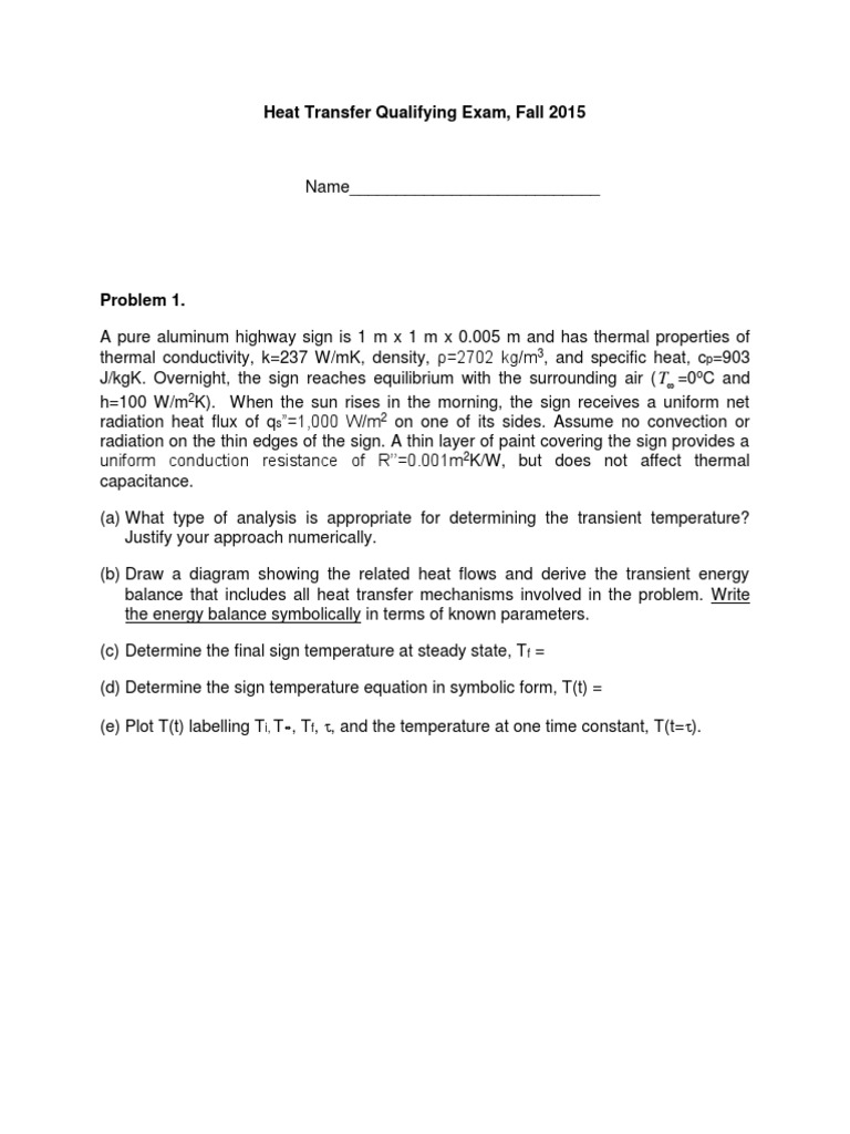 Heat Transfer Qualifying Exam, Fall 2015 | PDF | Heat Transfer ...