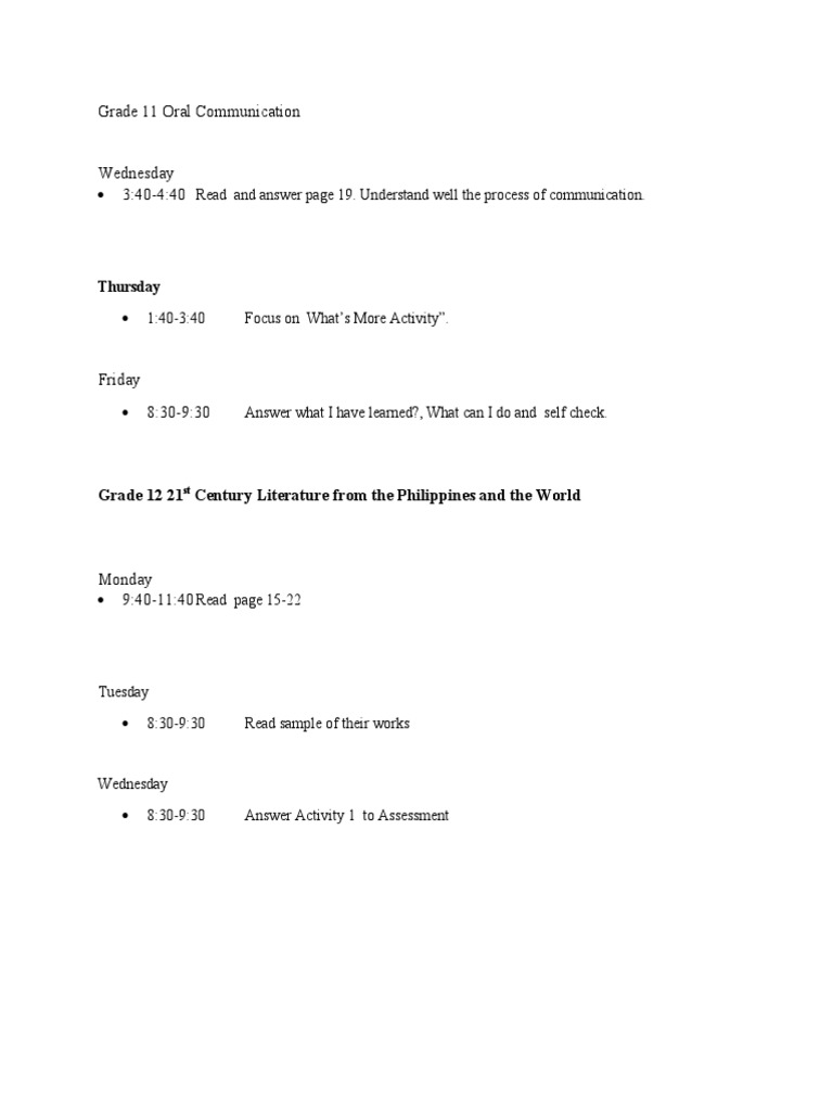 Grade 11 Oral Communication: Thursday | PDF