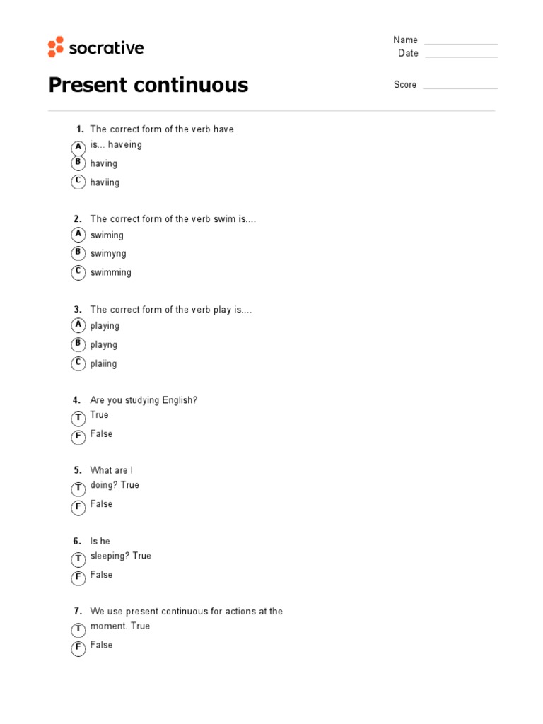 Present Continuous: 1. The Correct Form of The Verb Have | PDF