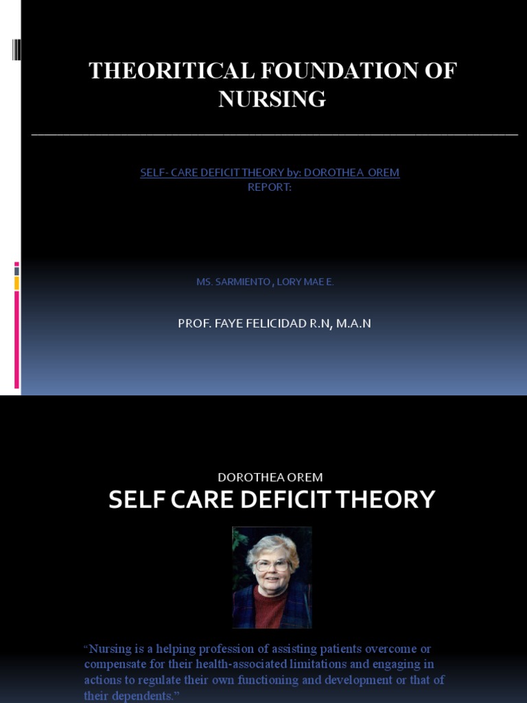 Theoritical Foundation of Nursing: Self-Care Deficit Theory By: Dorothea Orem Report | PDF ...