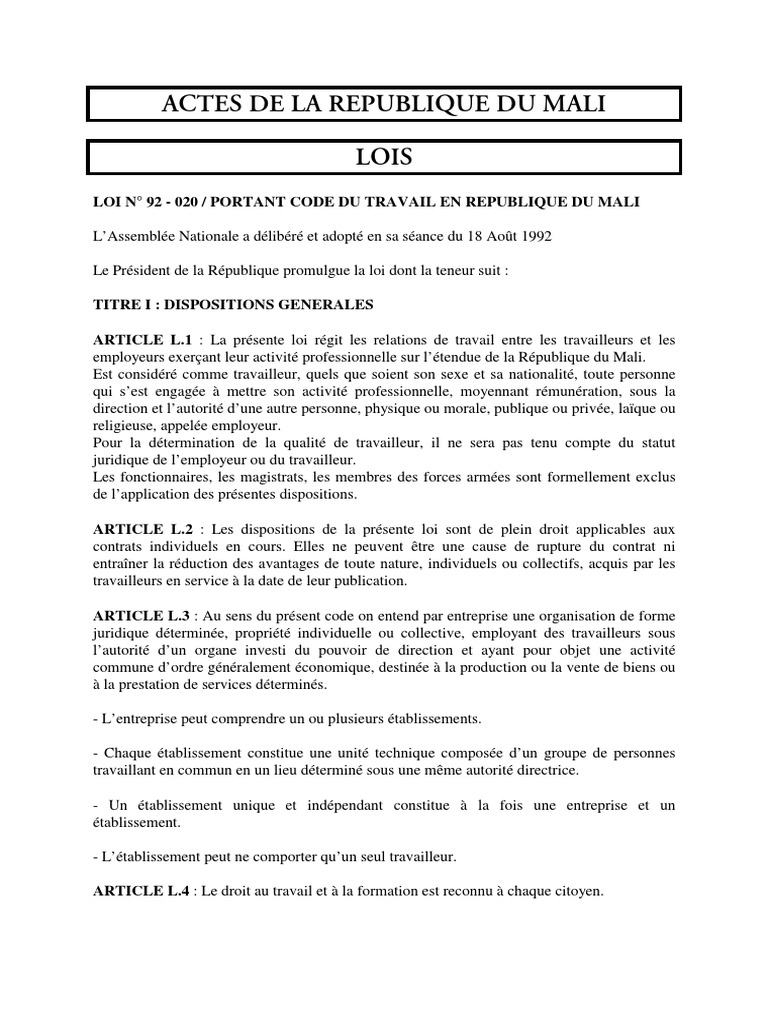 Mali - Code Du Travail PDF | PDF | Convention collective | Statuts