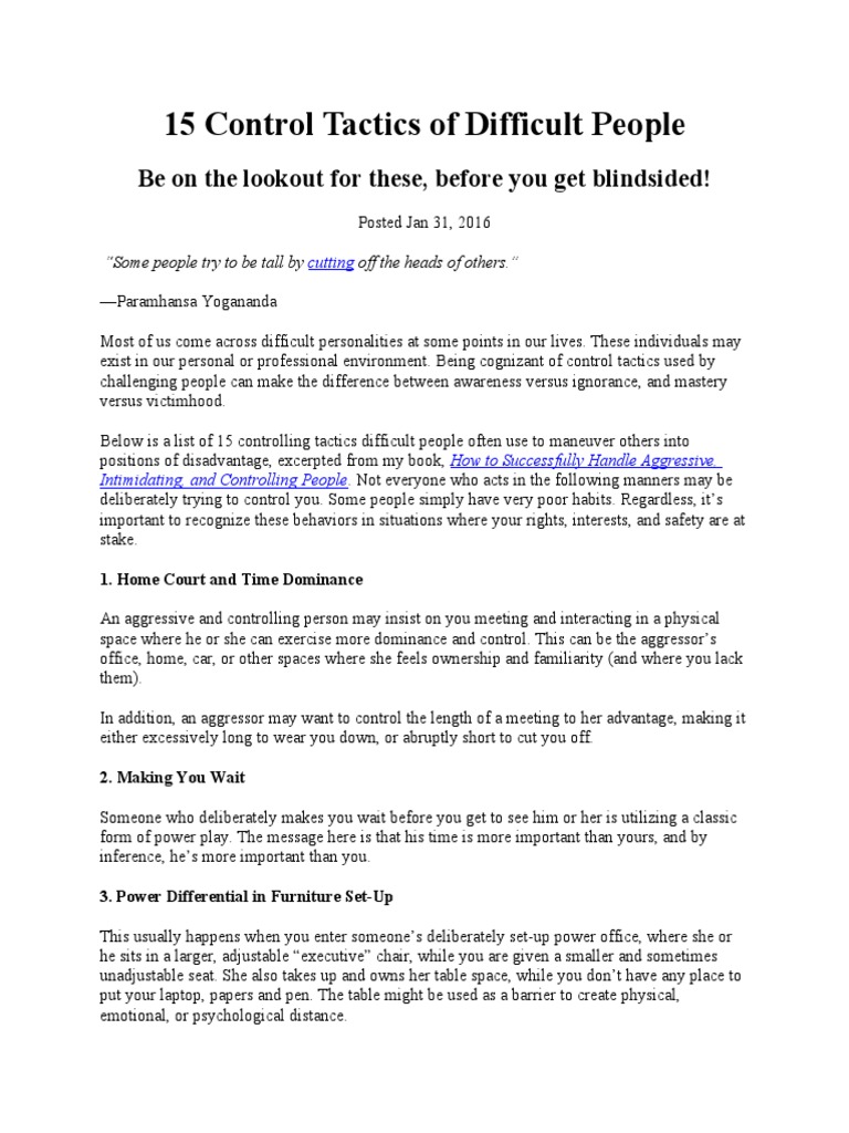 15 Control Tactics of Difficult People | PDF | Bullying | Behavior