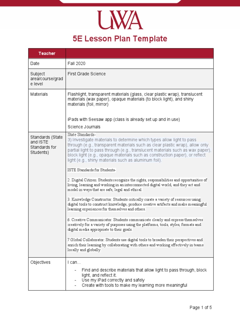 5E Lesson Plan Template: Teacher | PDF | Educational Assessment ...