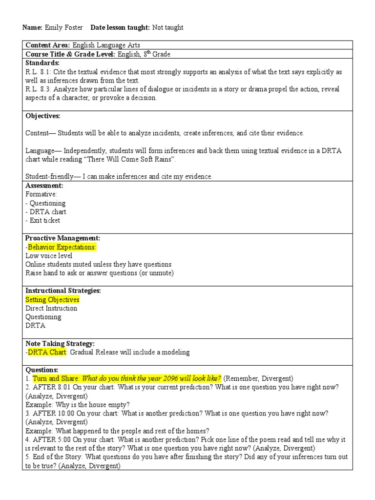 8th Grade ELA Lesson Plan Template | PDF | Lesson Plan | Question
