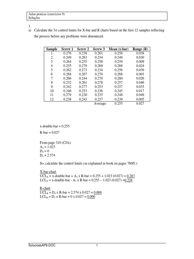 Calculate The 3 Control Limits For X-Bar and R Charts Based On The ...