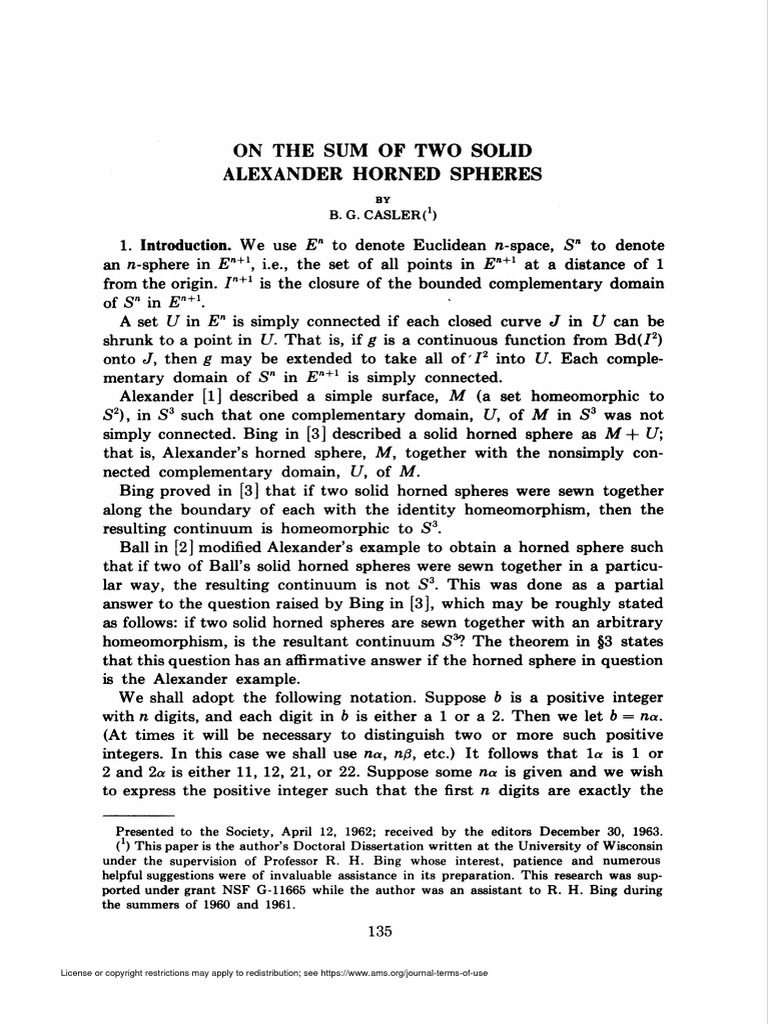 On The Sum of Two Solid Alexander Horned Spheres | PDF | Sphere | Topology