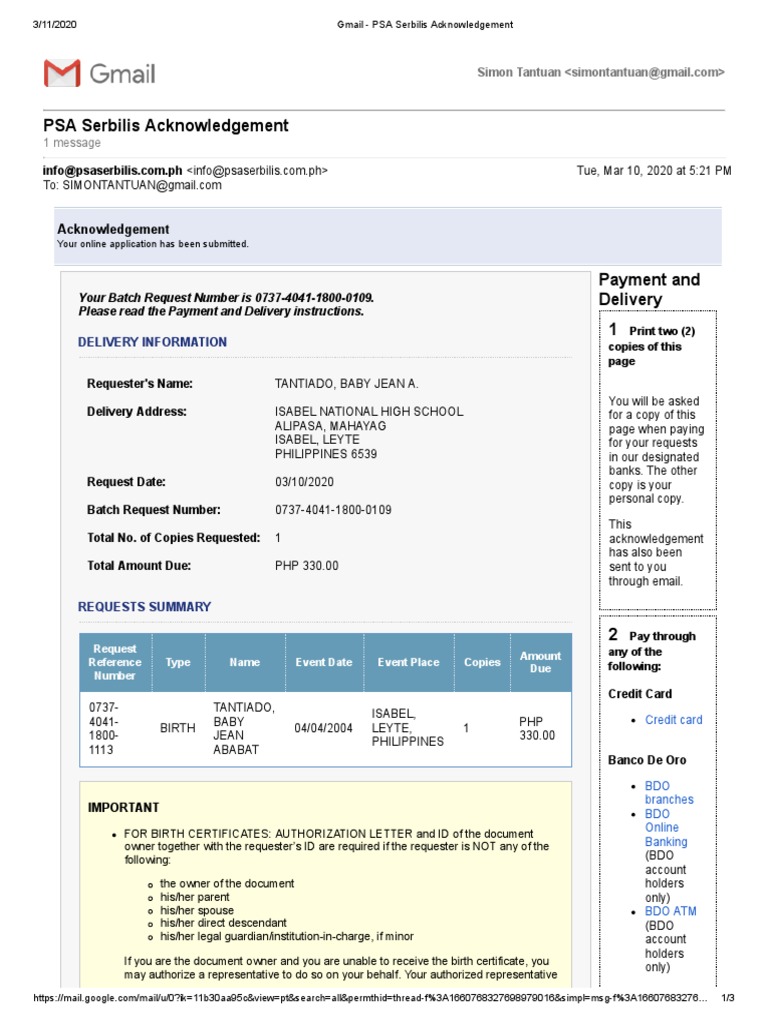 Gmail - PSA Serbilis Acknowledgement | PDF | Financial Services | Banking