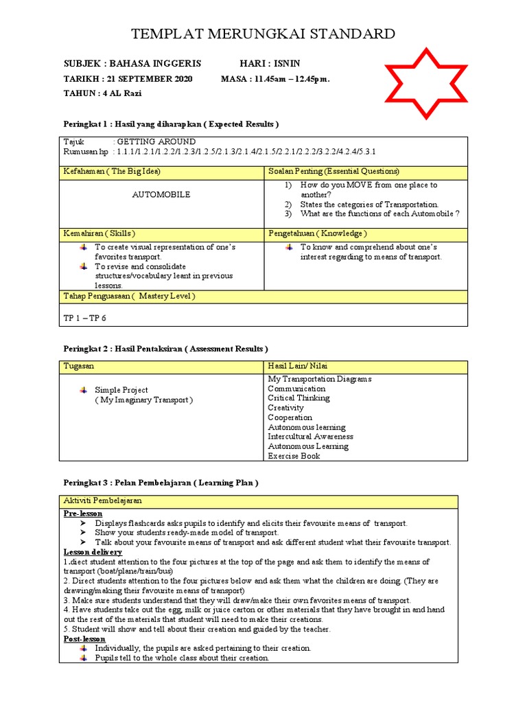 Templat Merungkai Standard: Subjek: Bahasa Inggeris Hari: Isnin | PDF ...