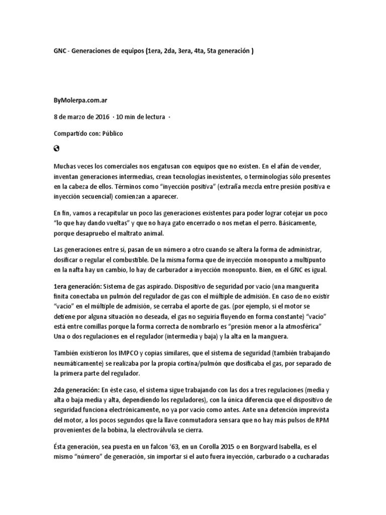 Generaciones de Equipos GNC | PDF | Inyección de combustible | Naturaleza