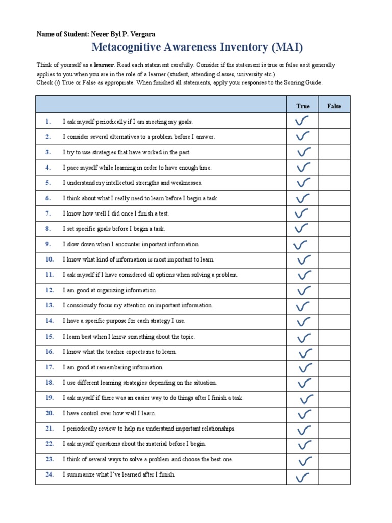 Metacognitive Awareness Inventory (MAI) : Name of Student: Nezer Byl P ...