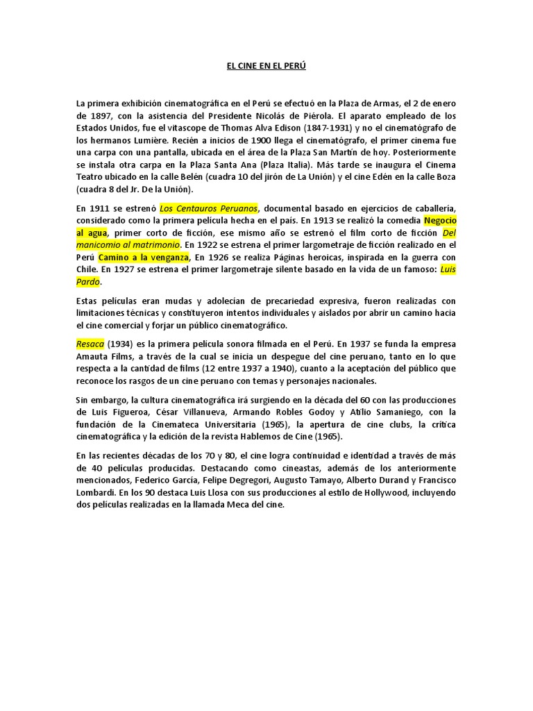 Historia del cine en Perú: Orígenes y evolución | PDF | Perú | Cine
