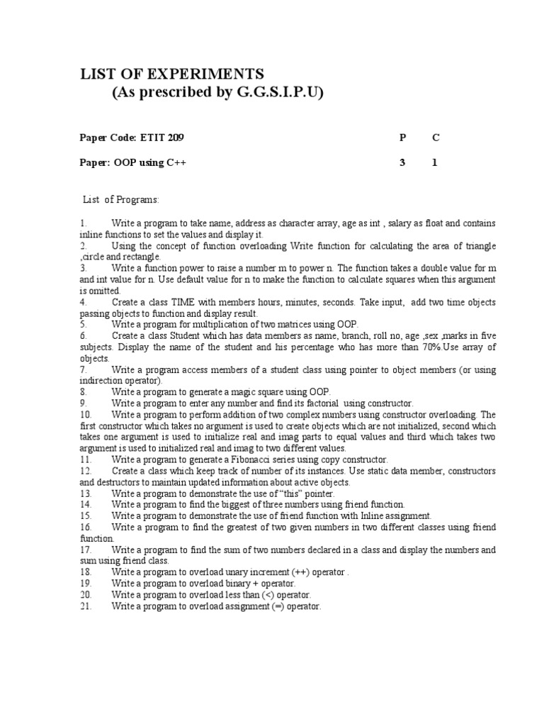 List of Experiments (As Prescribed by G.G.S.I.P.U) : Paper Code: ETIT 209 P C Paper: OOP Using ...