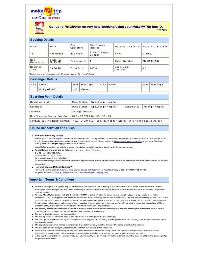 MMT Bus E-Ticket - NU25147918137876 - Pune-Hyderabad | PDF | Bus ...