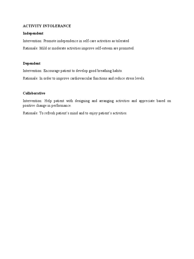 ACTIVITY INTOLERANCE Collaborative Dependent Independent | PDF