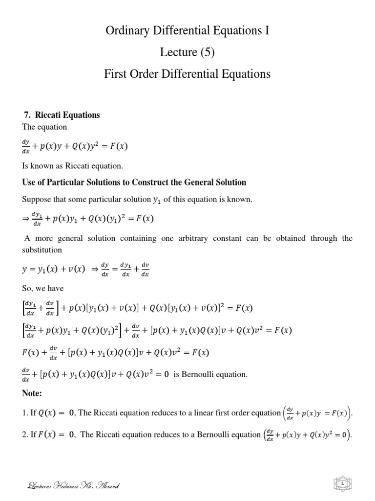 Ordinary Differential Equations I Lecture (5) First Order Differential ...