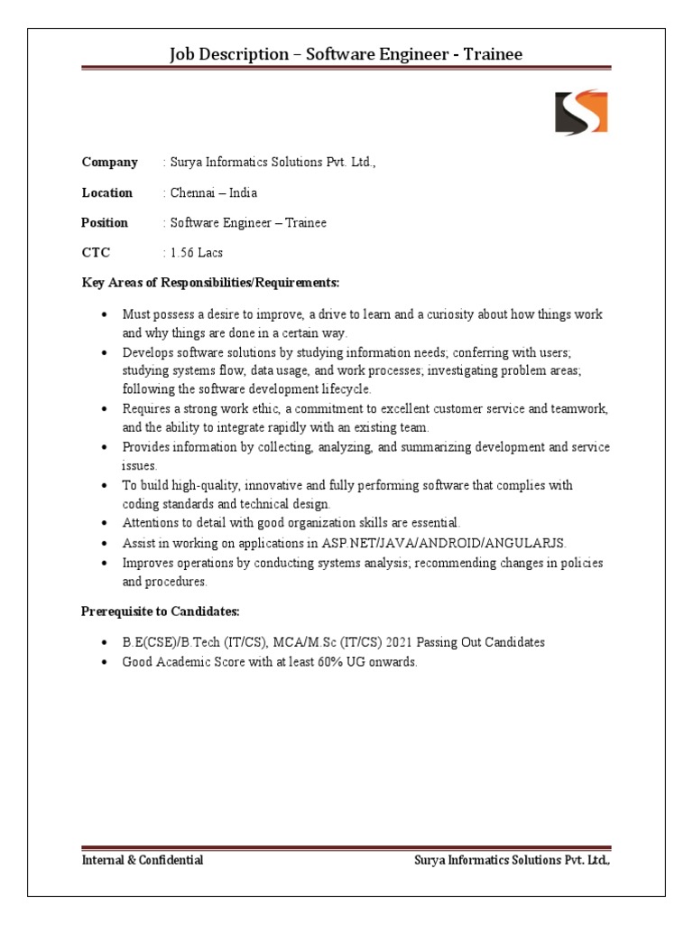 Job Description - Software Engineer - Trainee: Company Location ...