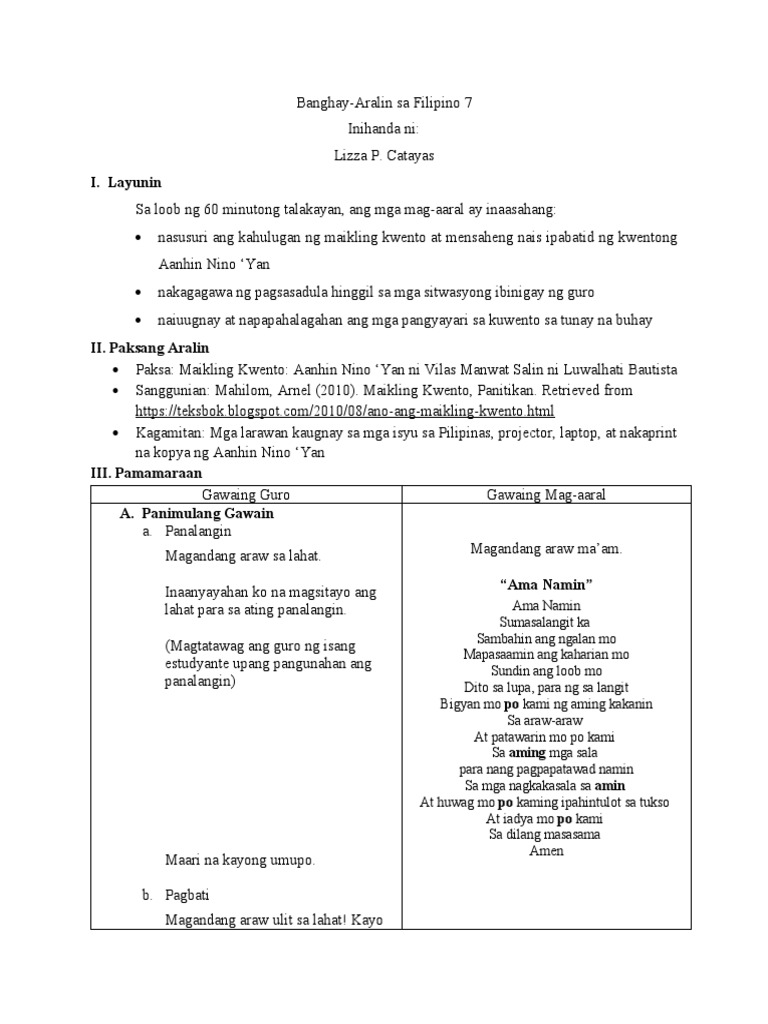 Banghay Aralin Sa Filipino Detailed | PDF