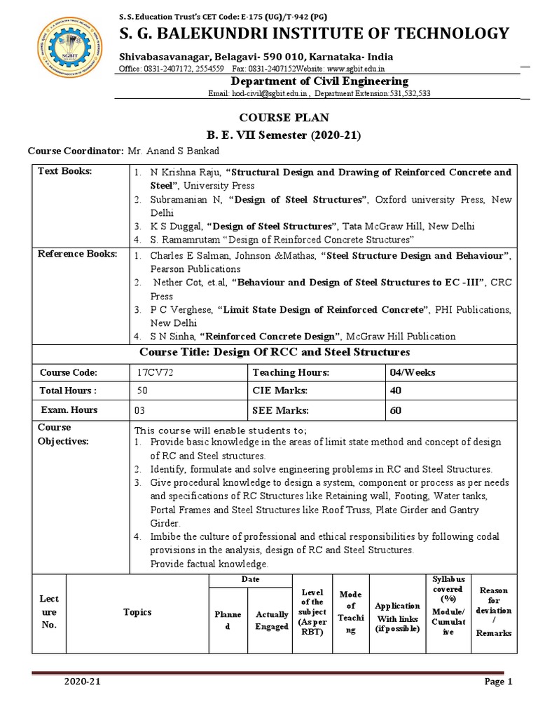 S. G. Balekundri Institute of Technology: Department of Civil ...